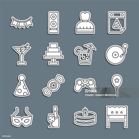 세트 라인 바베큐 화로 리본 풍선 비닐 플레이어 디스크 여자 드레스 케이크 마티니 유리 카니발 화환 깃발 및 칵테일 아이콘 벡터 갈란드 장식품에 대한 스톡 벡터 아트 및