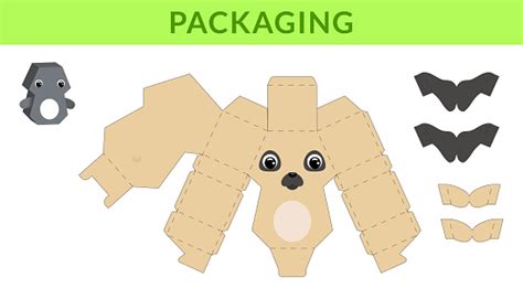 파티 선호 다이 컷 퍼그 개 상자 생일 과자 사탕 작은 선물 빵집을위한 아기 샤워 소매 상자 청사진 템플릿 디자인 인쇄 컷아웃 접기 접착제 벡터 스톡 일러스트레이션입니다 0