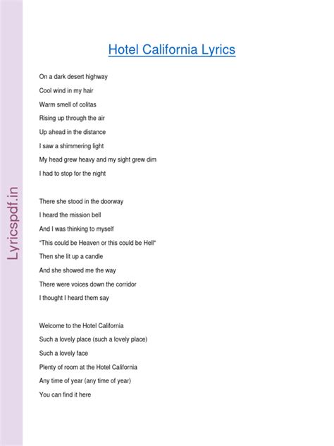 Hotel California Lyrics Pdf