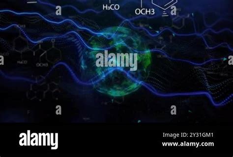 Chemical Formulas And Molecular Structures Over Abstract Digital Globe And Blue Waves Science