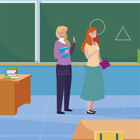 Female Teachers Couple With In The Classroom Stock Illustration