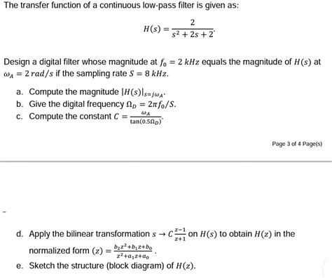 Solved The Transfer Function Of A Continuous Low Pass Filter