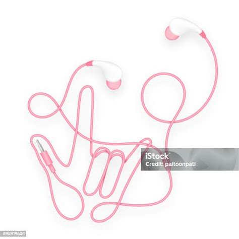 이어폰 귀에 유형 핑크 색깔과 내가 사랑 손 화 케이블 복사 공간 흰색 배경에 고립에서 만든 귀 부분에 대한 스톡 벡터 아트 및
