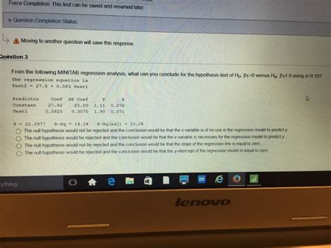 Solved From The Following Minitab The Regression Equation