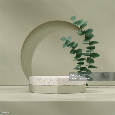 정사각형 세이지 벽과 유칼립투스 잎 3d 렌더링 모형 공간의 테라조 텍스처 연단 0명에 대한 스톡 사진 및 기타 이미지 0명