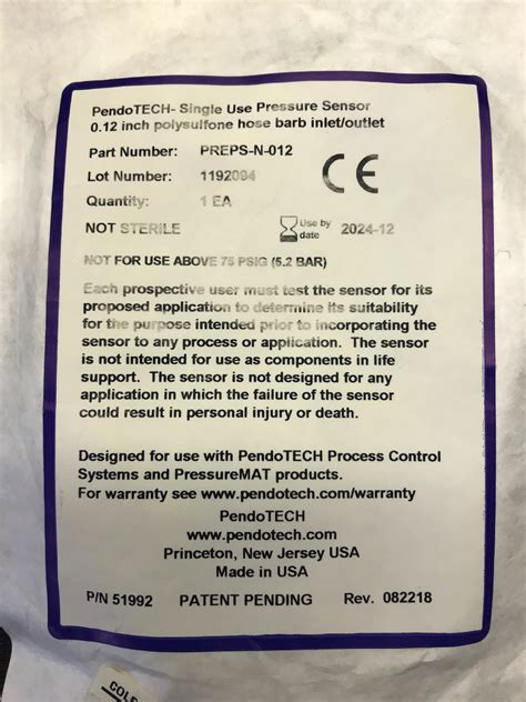 Pendotech Single Use Pressure Sensor Ps 012” Hose Barb Inlet Outlet