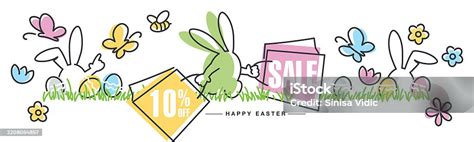 봄 부활절 세일 특별 행사 10 10 할인 부활절 토끼는 할인된 가방을 가지고 다닙니다 배경에 화려한 꽃 나비 꿀벌 토끼 부활절 달걀 및 잔디 10에 대한 스톡 벡터 아트