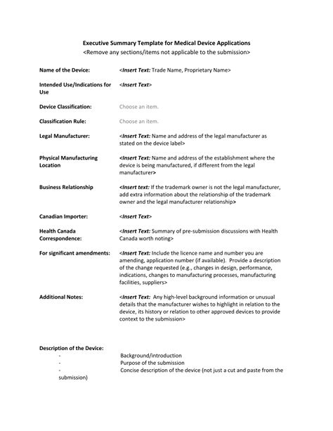 Executive Summary Template For Medical Device Applications Docest