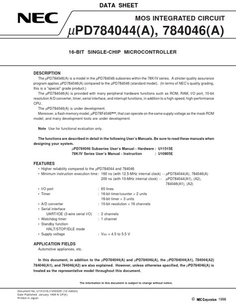 Upd784046 Upd 16 Bit Single Chip Microcontroller Nec