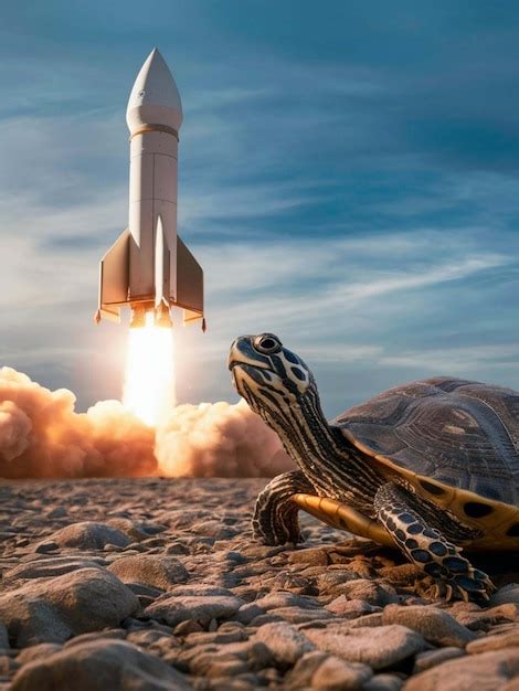 A Turtle With A Rocket In The Background And A Rocket In The Sky