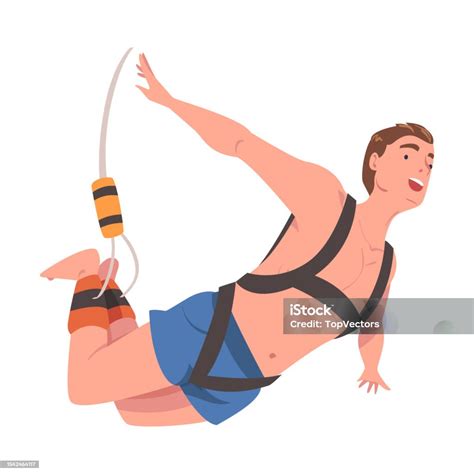 남자 캐릭터와 함께 번지 점프 탄성 코드 벡터 그림에 연결된 큰 높이에서 자유롭게 떨어지는 경외감에 대한 스톡 벡터 아트 및