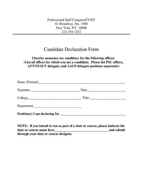 Fillable Online Fillable Online Candidate Declaration Form Psc Cuny Org Fax Fax Email