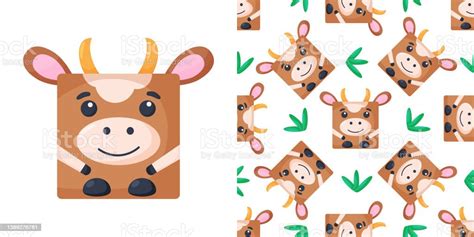 정사각형 암소 원활한 패턴 소의 얼굴이 있는 벡터 배경입니다 포장 아기 직물을위한 템플릿 벡터 일러스트레이션 개체 그룹에 대한 스톡 벡터 아트 및 기타 이미지 Istock