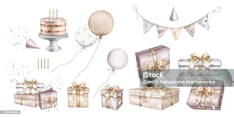 생일 축하합니다 수채화 세트 고립된 배경에 귀여운 파스텔 색상의 베이비 샤워를 위한 선물 상자 화환 및 케이크가 있는 손으로 그린 컬렉션 선물과 파티 모자가 있는 그림