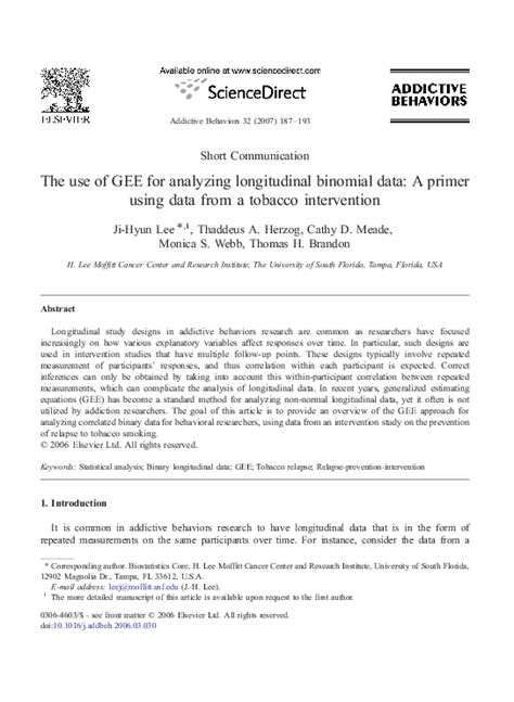 Pdf The Use Of Gee For Analyzing Longitudinal Binomial Data A Primer