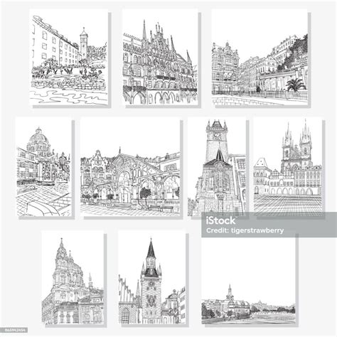 프라하입니다 카를로비 바리입니다 뮌헨입니다 창의적인 예술적 초대장 및 소장 초콜릿 포장의 세트 손으로 그린 잉크 휴가 및 여행 카드 또는 전단지 붓글씨 시 쓰기와 함께