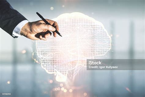 흐린 사무실 배경에 창조적 인 인공 지능 인터페이스로 작업 펜으로 사람의 손의 이중 노출 신경망 및 기계 학습 개념 경제에 대한 스톡 사진 및 기타 이미지 Istock