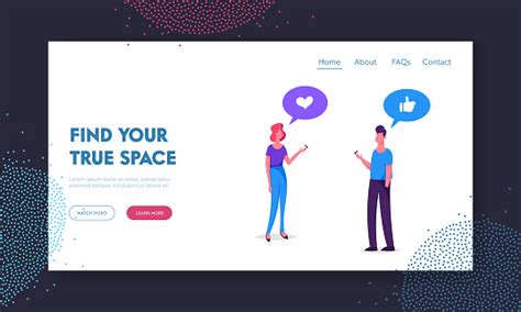 소셜 미디어 웹 사이트 방문 페이지의 스마트 기술 모바일 스마트 폰을 사용하는 젊은 남자와 여자 의사 소통 사람들은 가젯 회계 웹 페이지를 사용합니다 만화 플랫 벡터