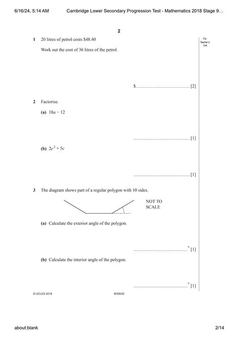 Solution Cambridge Lower Secondary Progression Test Mathematics 2018 Stage 9 Paper 2 Question
