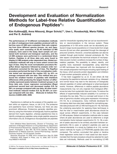 Pdf Development And Evaluation Of Normalization Methods For Label Free Relative Quantification