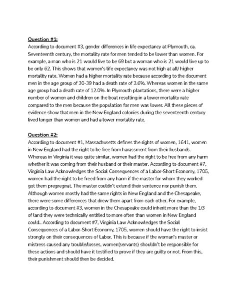 Apush Class Notes Question 1 According To Document 3 Gender Differences In Life