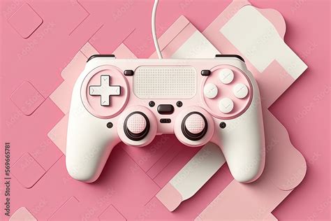 White Game Controller Joystick Gamepad On A Pink Background With Abstract Geometric Shapes