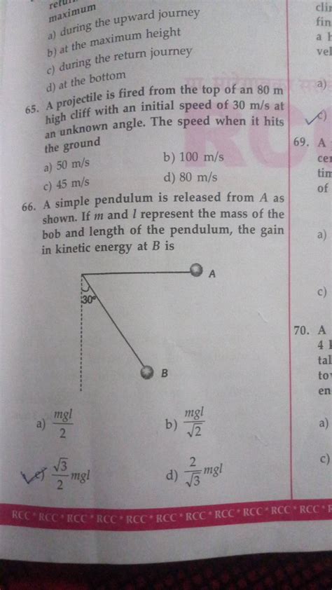 A Simple Pendulum Is Released From A As Shown If M And L Represent The M