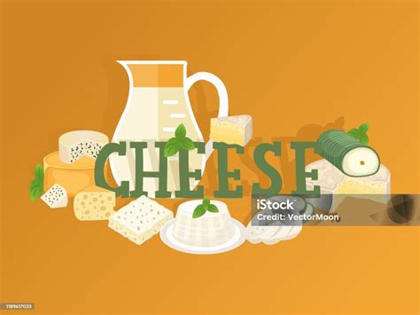 치즈 가게 타이포그래피 벡터 일러스트레이션입니다 치즈 신선한 우유 주전자 맛있는 천연 유제품의 다른 종류의 구색 유기농 식품 점 브로셔 또는 소책자 광고에 대한 스톡 벡터