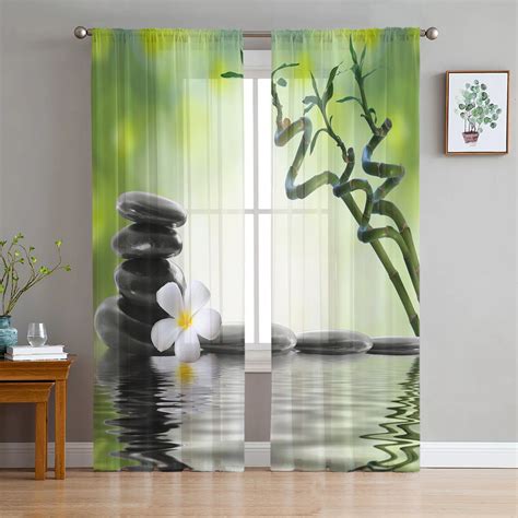 Zen St Green Bamboo Forest Water Chiffon Sheer Curtains For Living Room