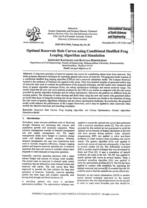 Pdf Optimal Reservoir Rule Curves Using Conditional Shuffled Frog