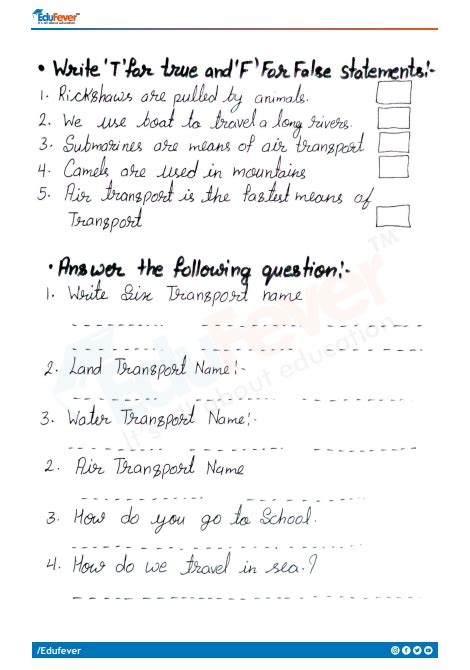 Class 1 Evs Means Of Transport Worksheet With Solution