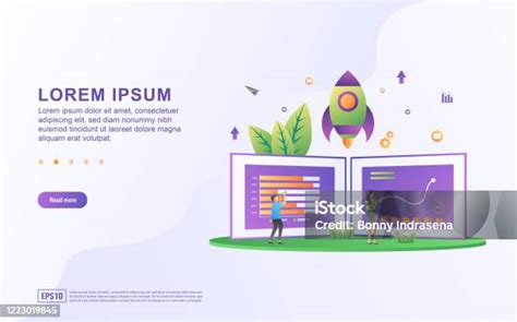 차트 이동 및 비즈니스 개발을 분석하는 그림이 있는 방문 페이지 템플릿입니다 개념에 대한 스톡 벡터 아트 및 기타 이미지 개념 개발 경영자 Istock