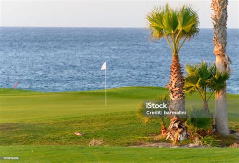 테네리페 섬 카나리아 스페인에 큰 골프 코스와 푸른 대서양에 상록 잔디 필드에 보기 골프에 대한 스톡 사진 및 기타 이미지