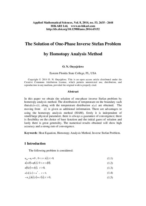 Pdf The Solution Of One Phase Inverse Stefan Problem By Homotopy Analysis Method
