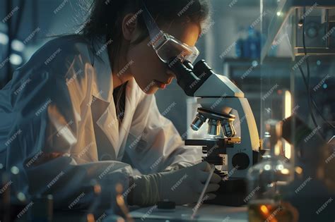 A Female Scientist Looking Through A Microscope With A Microscope In The Background Premium Ai