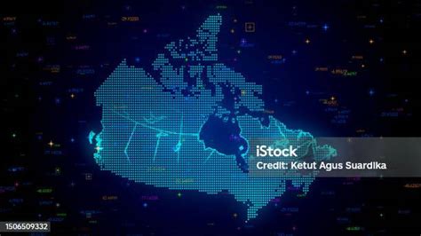 미래 지향적인 파란색 다채로운 반짝이는 디지털 기술 Hud Dots 모자이크 그리드 캐나다 지도 숫자 기술 입자로 빛 스캐닝 0명에 대한 스톡 벡터 아트 및 기타 이미지