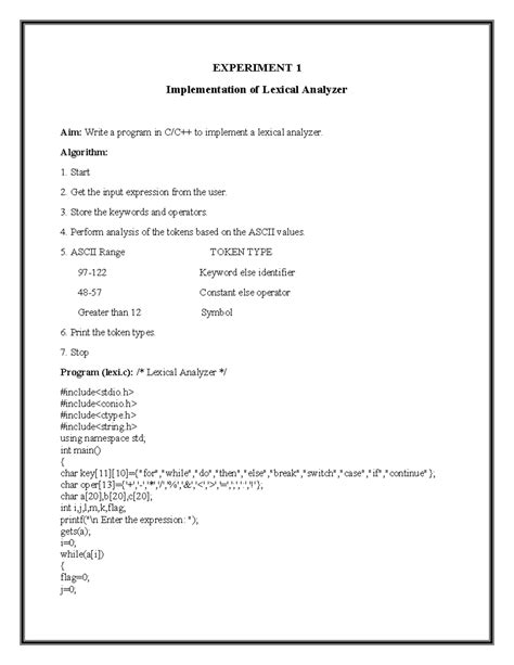 Compiler Lab Manual Experiment 1 Implementation Of Lexical Analyzer Aim Write A Program In C