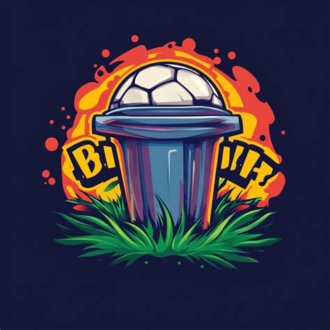 귀엽고 강렬한 스타일의 축구 로고 디자인 중앙에 쓰레기통이 위치하고 쓰레기통 주위에 축구공과 풀이 어우러진 모습 밝고 경쾌한 색상 조합 현대적인 느낌의 타이포그래피로