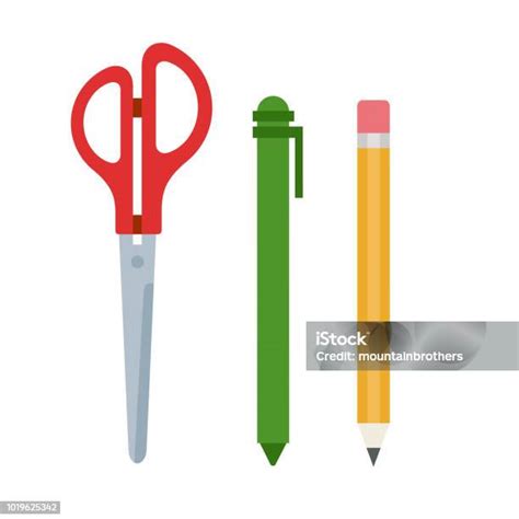 Gunting Kantor Vektor Pena Dan Pensil Rata Terisolasi Ilustrasi Stok Unduh Gambar Sekarang