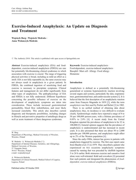 Pdf Exercise Induced Anaphylaxis An Update On Diagnosis And Treatment