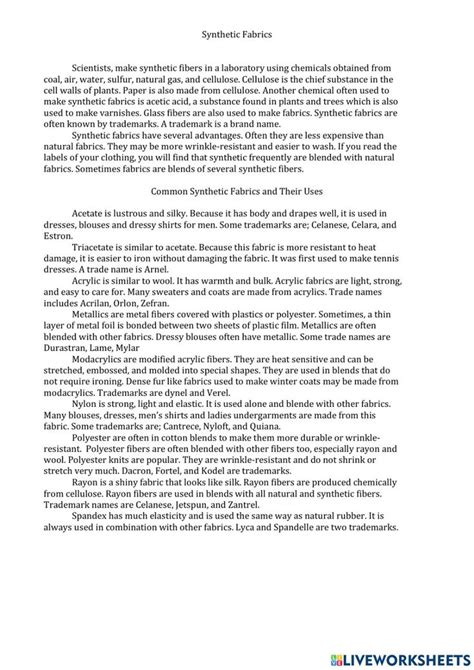 Synthetic Fibers Worksheet