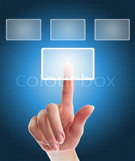 Female Hand Pushing A Button On A Touch Stock Image Colourbox