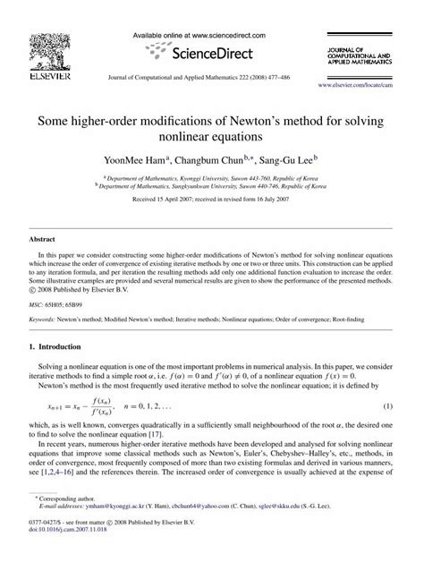Pdf Some Higher Order Modifications Of Newtons Method For Solving Nonlinear Equations