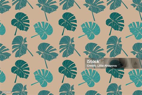 베이지색 배경에 청록색 몬스테라 가지가 있는 트로피컬 레트로 이음새가 없는 패턴 여성과 아동의 직물 포장지 벽지 배경에 대한 벡터 패턴 0명에 대한 스톡 벡터 아트 및 기타