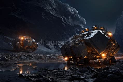 Tethered Mining Robots Working On Asteroid Surface Stock Illustration Illustration Of Robots