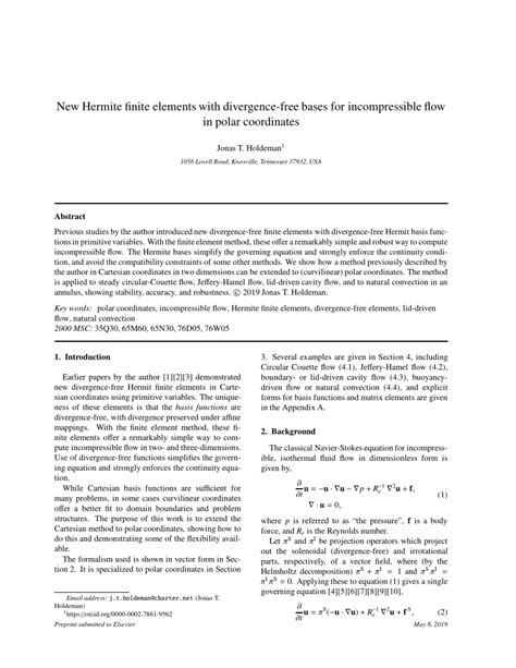 Pdf New Hermite Finite Elements With Divergence Free Bases For Incompressible Flow In Polar