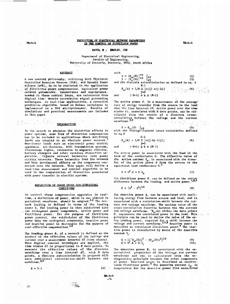 Prediction Of Electrical Network Parameters In The Control Of Fictitious Power Ieee Conference