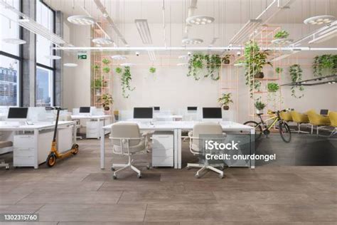 하우스 플랜트 자전거 및 푸시 스쿠터가있는 친환경 사무실 공간의 인테리어 사무실에 대한 스톡 사진 및 기타 이미지 사무실