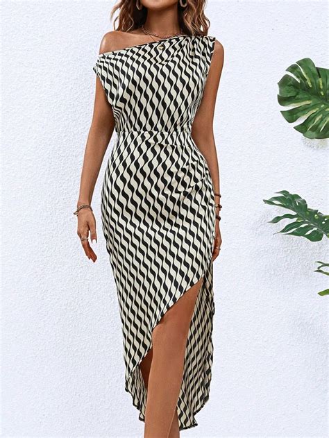 Allover Print One Shoulder Asymmetrical Hem Dress Asymmetrical Hem Dress Effortlessly Chic