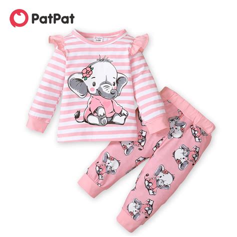 Patpat 2pcs 아기 소녀 만화 코끼리 인쇄 회색 스트라이프 긴 소매 탑과 바지 세트 Aliexpress